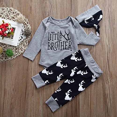 3PCS Newborn Baby Boys Cute Little Brother Romper+Pants+Hat Outfits Matching Set (0-6 Months, Little Brother)