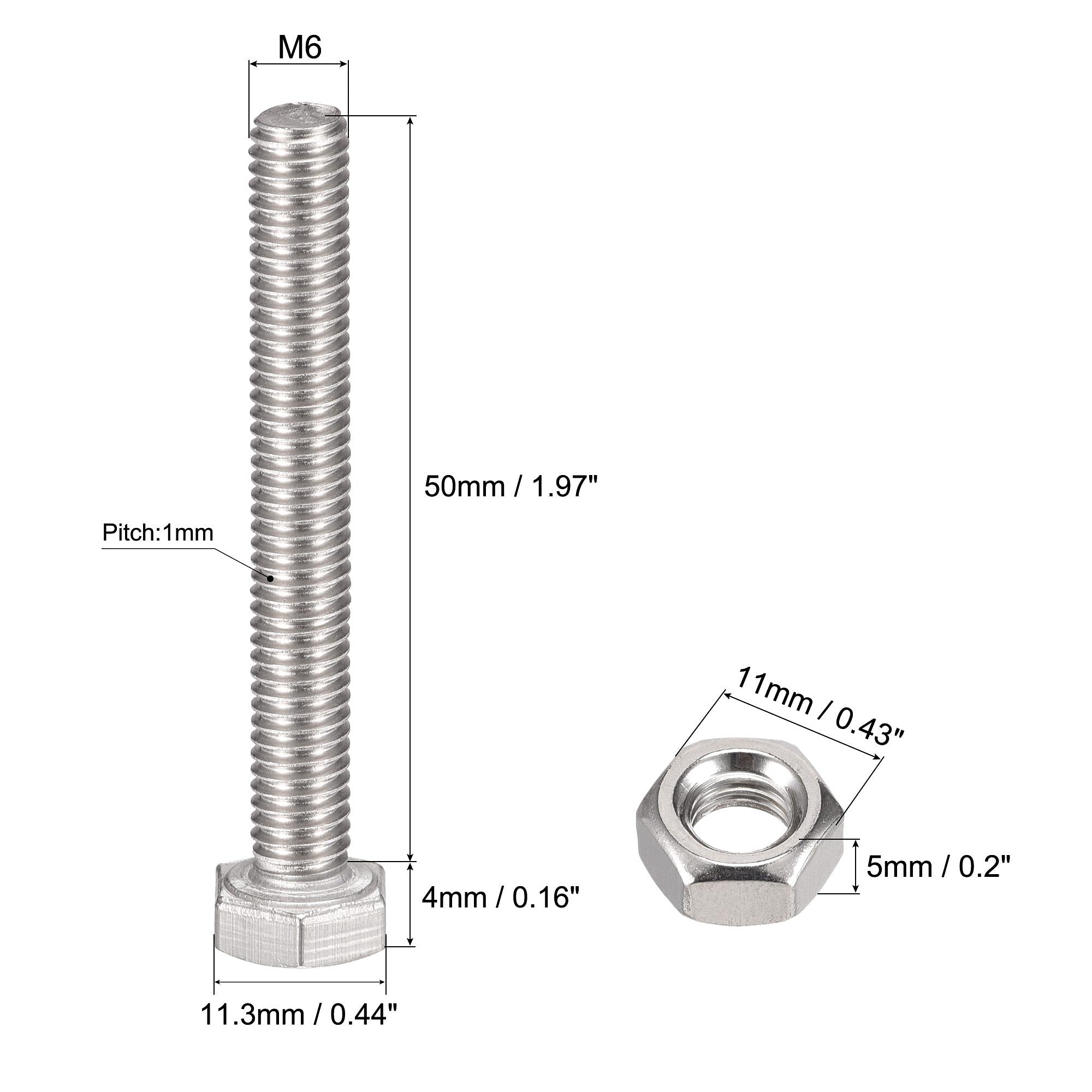 uxcell M6 x 50mm Hex Head Screws Bolts, Nuts, Flat & Lock Washers Kits, 304 Stainless Steel Fully Thread Hexagon Bolts 6 Sets