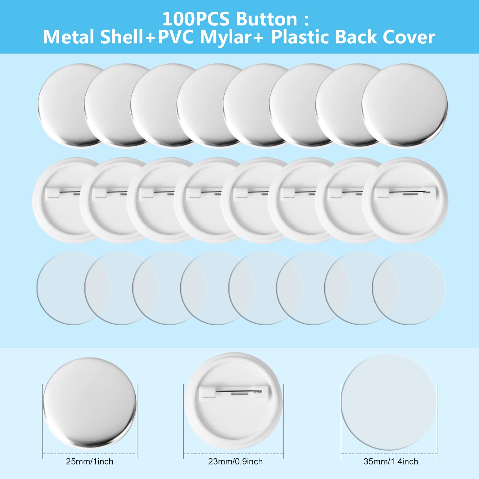 100 Pieces Blank Button Badge Parts for Button Maker Machine, Metal Shells, Plastic Back Cover and Clear Mylar Components, DIY Crafts Arts Supplies for Presents, Souvenirs (58mm)