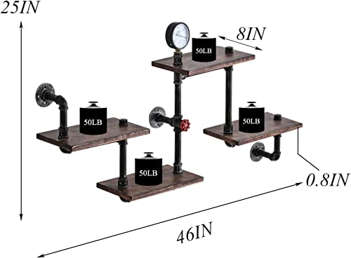 BOSURU Industrial Floating Pipe Wall Shelves Rustic Wood Shelving 4 Layer Ladder Hanging Bookshelf for Bedroom Office Decor