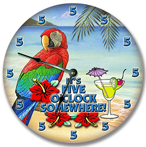 Lplpol Vintage Wood Hanging Wall Clock 5 O'Clock Somewhere Wall Clock Round Beach House Decor Bar House Warming Gift Parrot Martini New House Present Modern Cool 12 Inch Battery Operated Clock