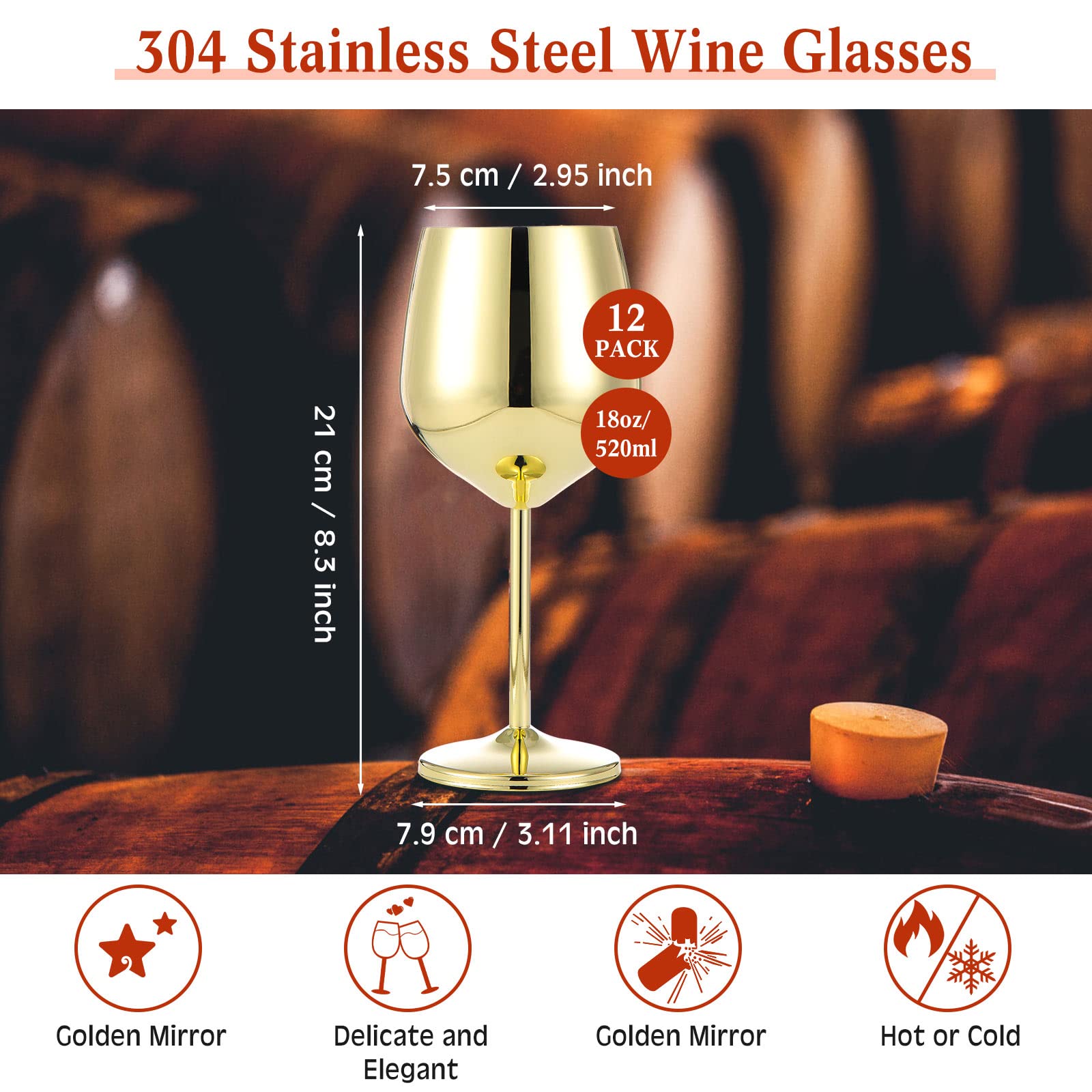 12 Pack Stem Stainless Steel Wine Glasses Gold 18 oz Unbreakable Stemware Portable Shatterproof Metal Goblet Glasses Wine Drinkware for Wedding Camping Champagne Cocktails Banquet Party