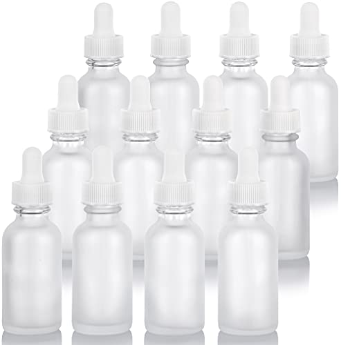 JUVITUS 1 oz Frosted Clear Glass Boston Round Empty Bottle with White Graduated Measurement Glass Dropper (12 pack)
