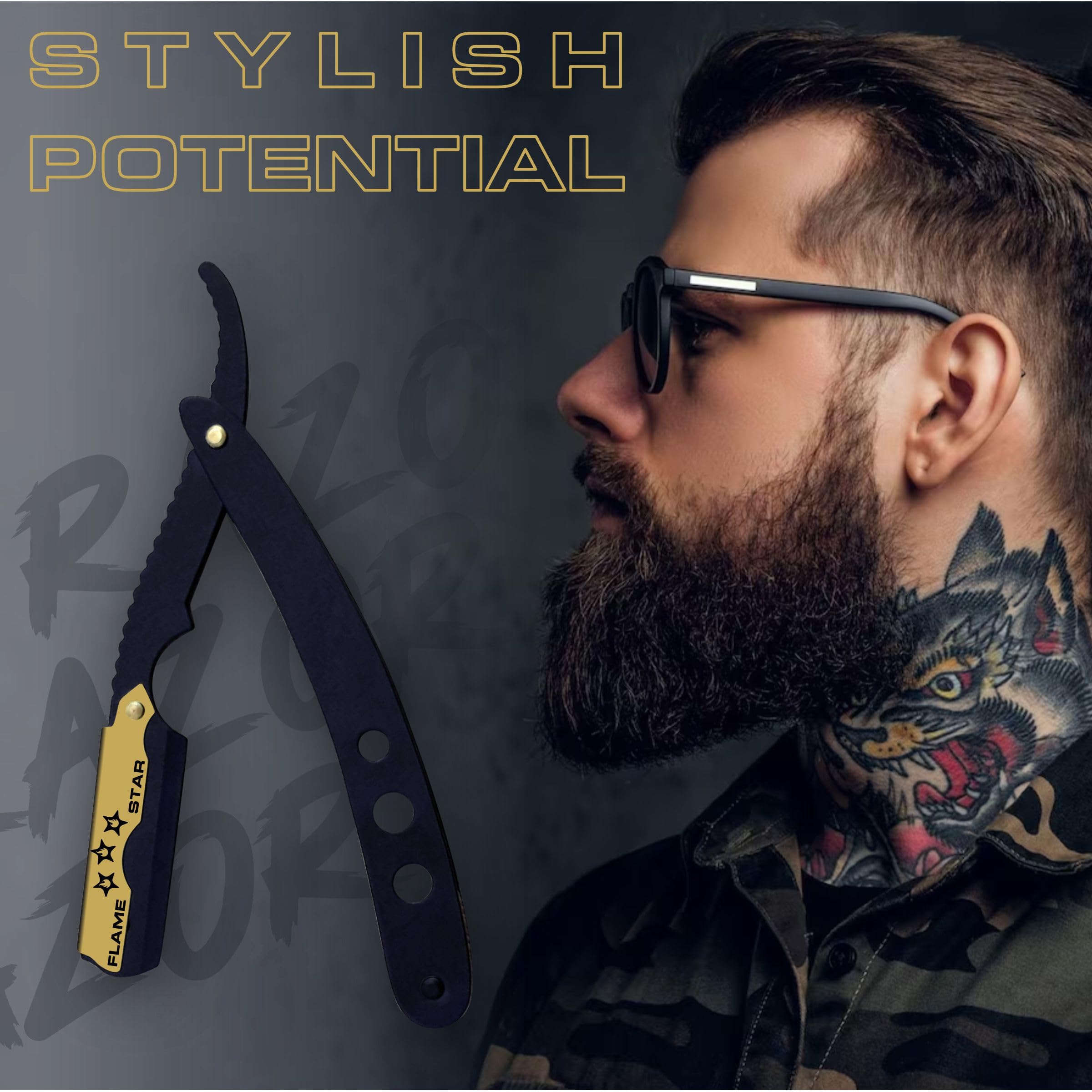 Black Gold Barber Staright Edge Salon Hair Cut Razor 100% Stainless Steel with 10 Blades by "FLAME STAR"