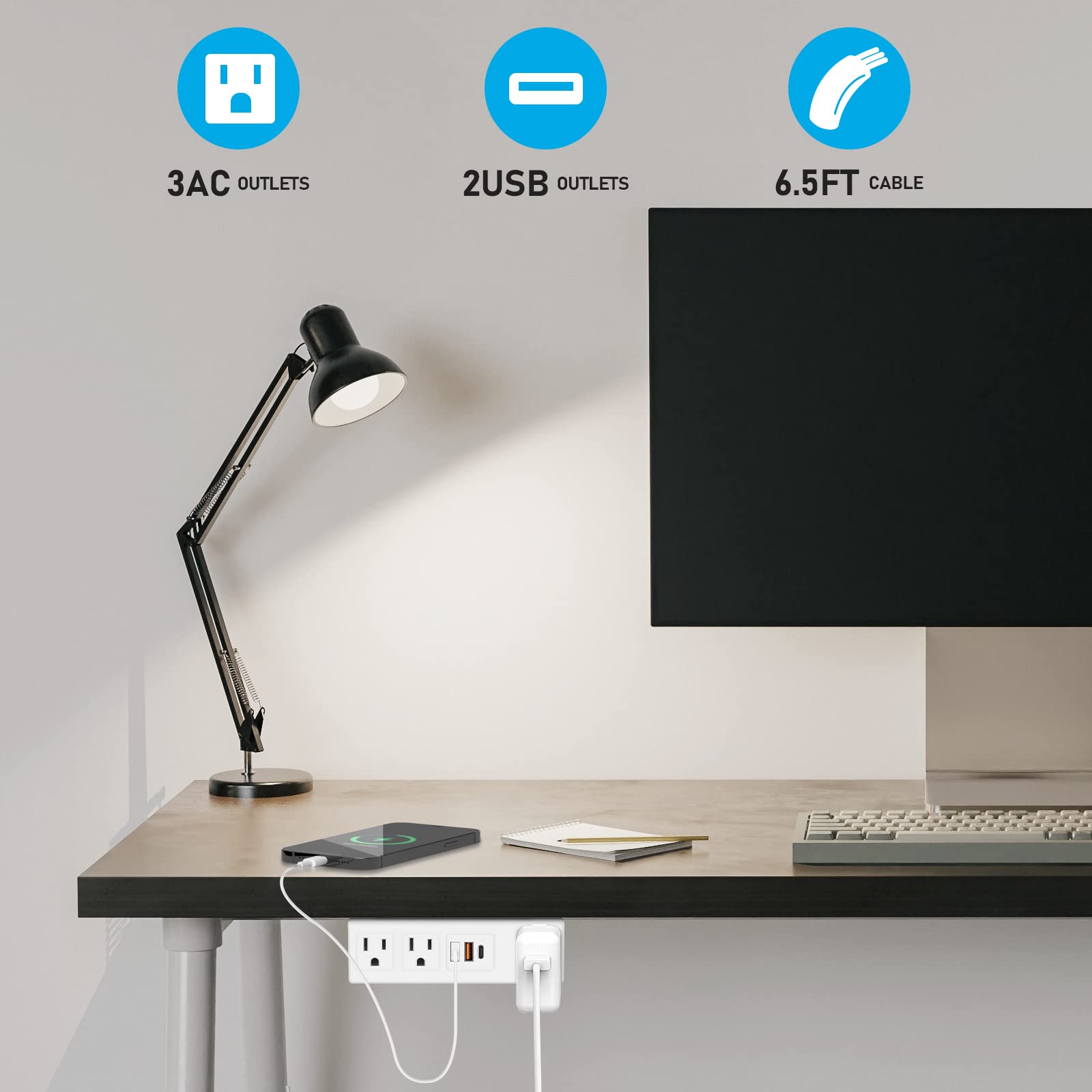 10FT Under Desk Power Strip, Adhesive Wall Mount Power Strip with USB C,Desktop Power Outlets, Removable Mount Multi-Outlets with 3 Outlets & 2 USB-A Ports &1 USB-C Port