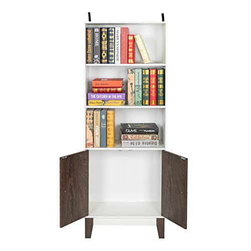 4 Tier Bookcase Storage Cabinet, 63 Inches 4 Tiers Tall Open Bookshelf with 2 Doors, Anti-toppling Device, Freestanding Wooden Storage Display Shelf for Home Office (White)