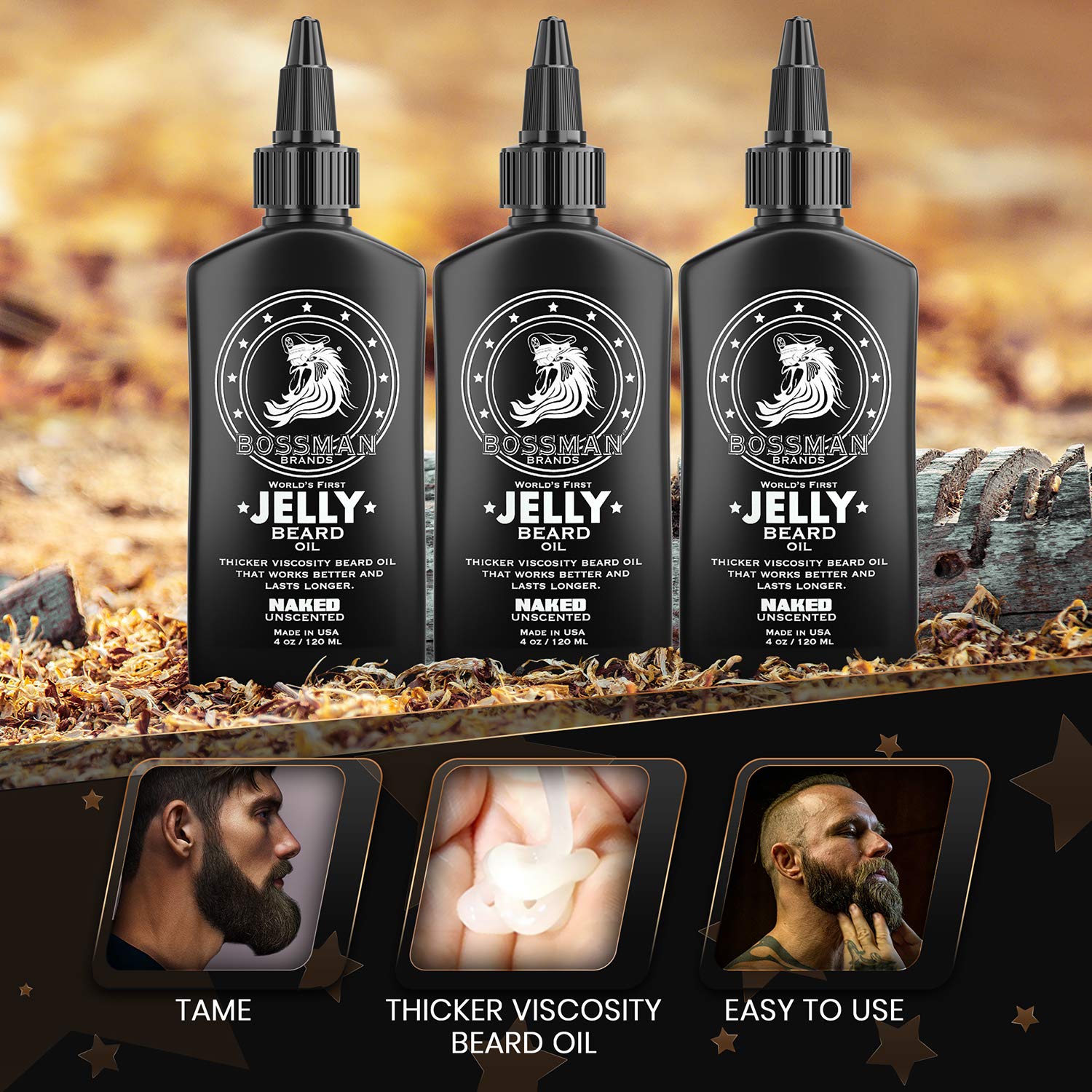 Bossman Jelly Beard Oil - Beard Growth Softener and Moisturizer Care - Larger 4oz, Bottle - 3 Pack Kit - Made in USA (Naked Scent)