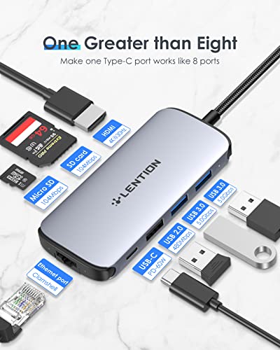LENTION Ultra-Thin USB C Hub with Ethernet, 4K HDMI, USB 3.0/2.0, Card Readers & PD Adapter for 2023-2016 MacBook Pro 13/14/15/16/M1/M2, New Mac Air & Surface, Chromebook, More (CB-C48, Space Gray)