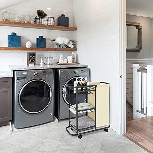 Lucalda Laundry Sorter Cart Movable Bathroom Organizer Gray Laundry Storage Baskets with Heavy Duty Rolling Wheels 3-Tier Storage Shelves with 1 Bag for Clothes