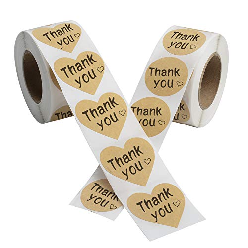 1000 Pack, Thank You Stickers Kraft Paper -2 Designs- Heart Love Shape Round Adhesive Decorative Sealing Stickers