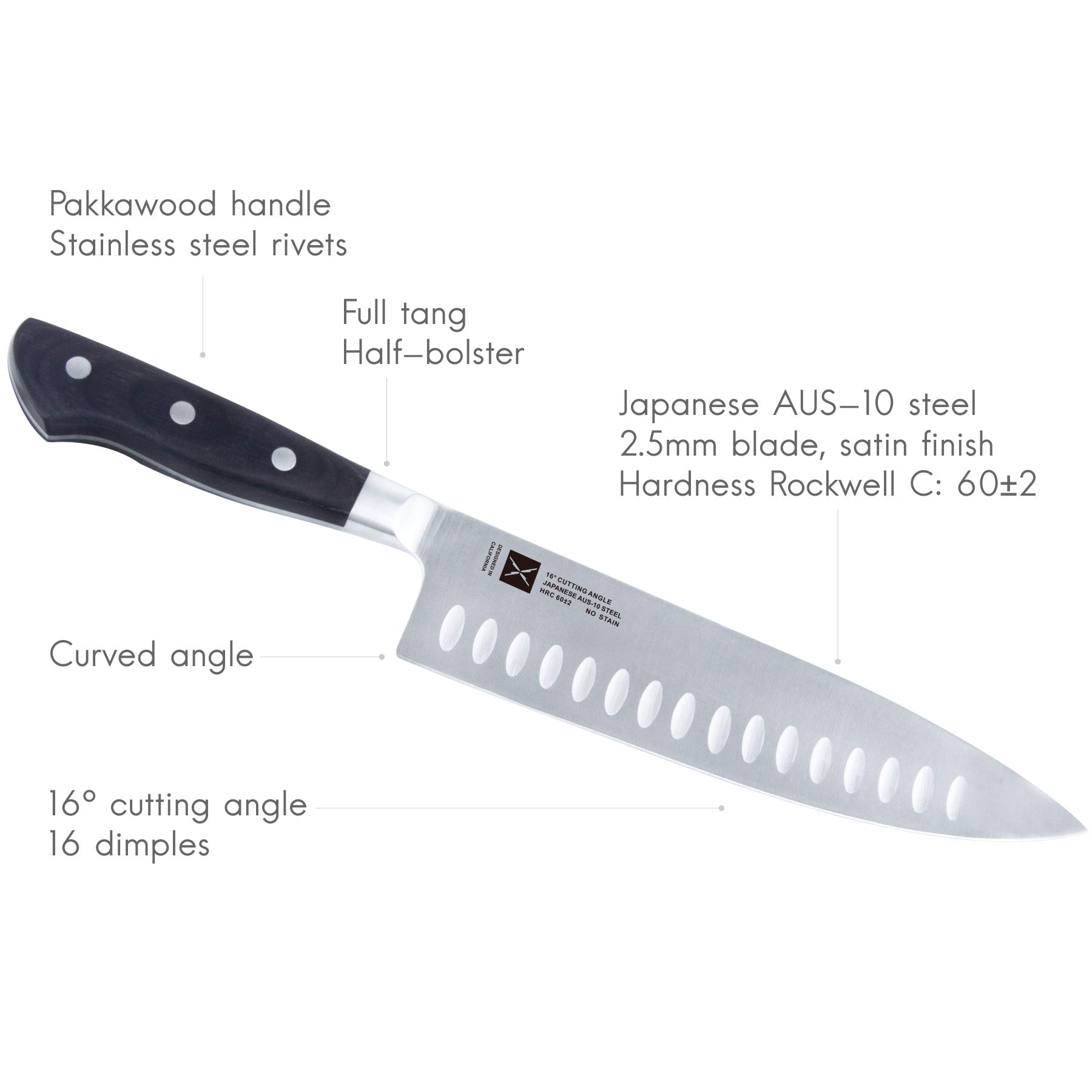 Fortune Candy 8 Inch Chef’s Knife - Japanese AUS-10 Stainless Steel Kitchen Knife - Full Tang, Classic Handle (Silver)