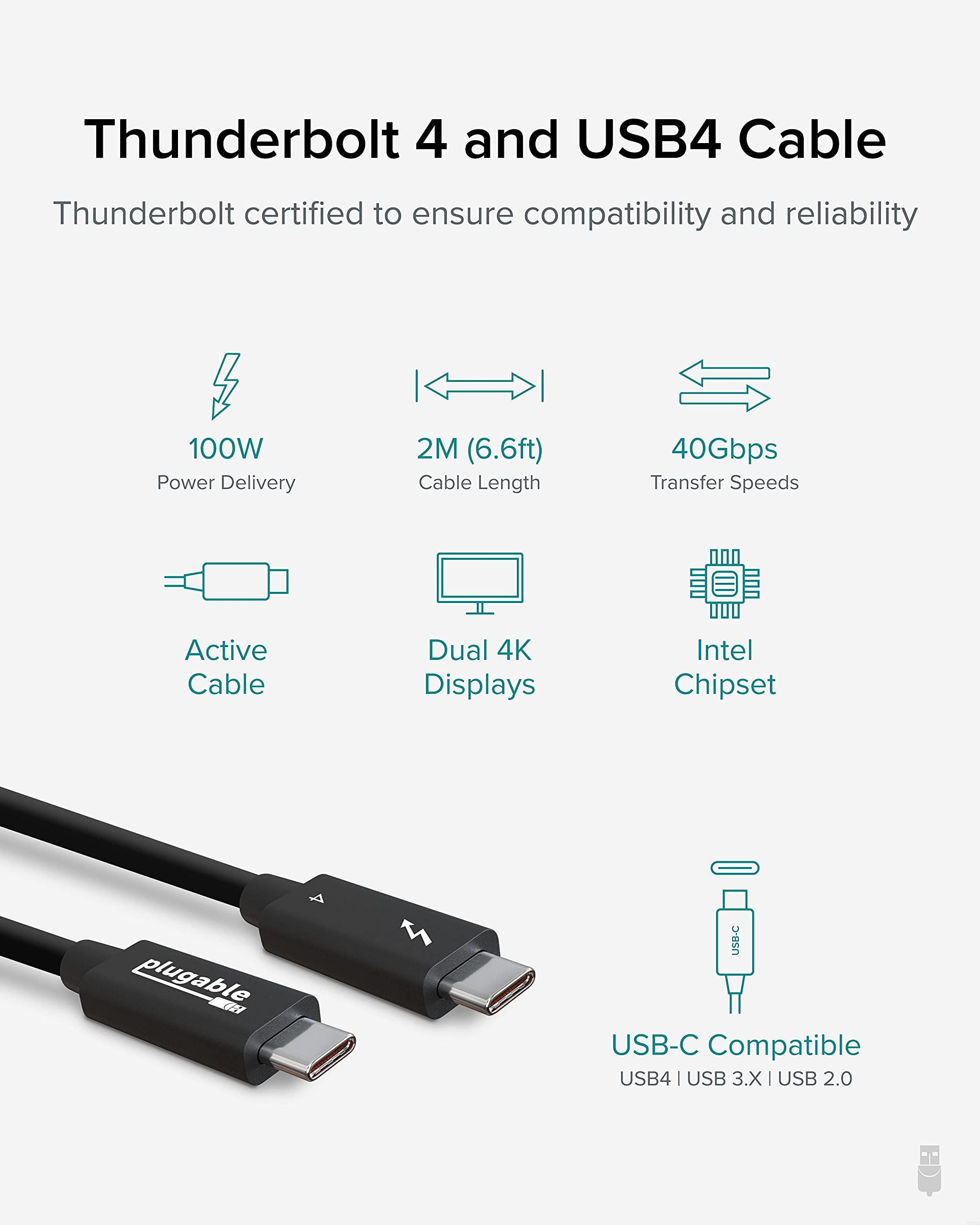 Plugable Thunderbolt 4 Cable [Thunderbolt Certified] 6.6ft USB4 Cable with 100W Charging, Single 8K or Dual 4K Displays, 40Gbps Data Transfer, Compatible with Thunderbolt, USB4, USB-C - Driverless