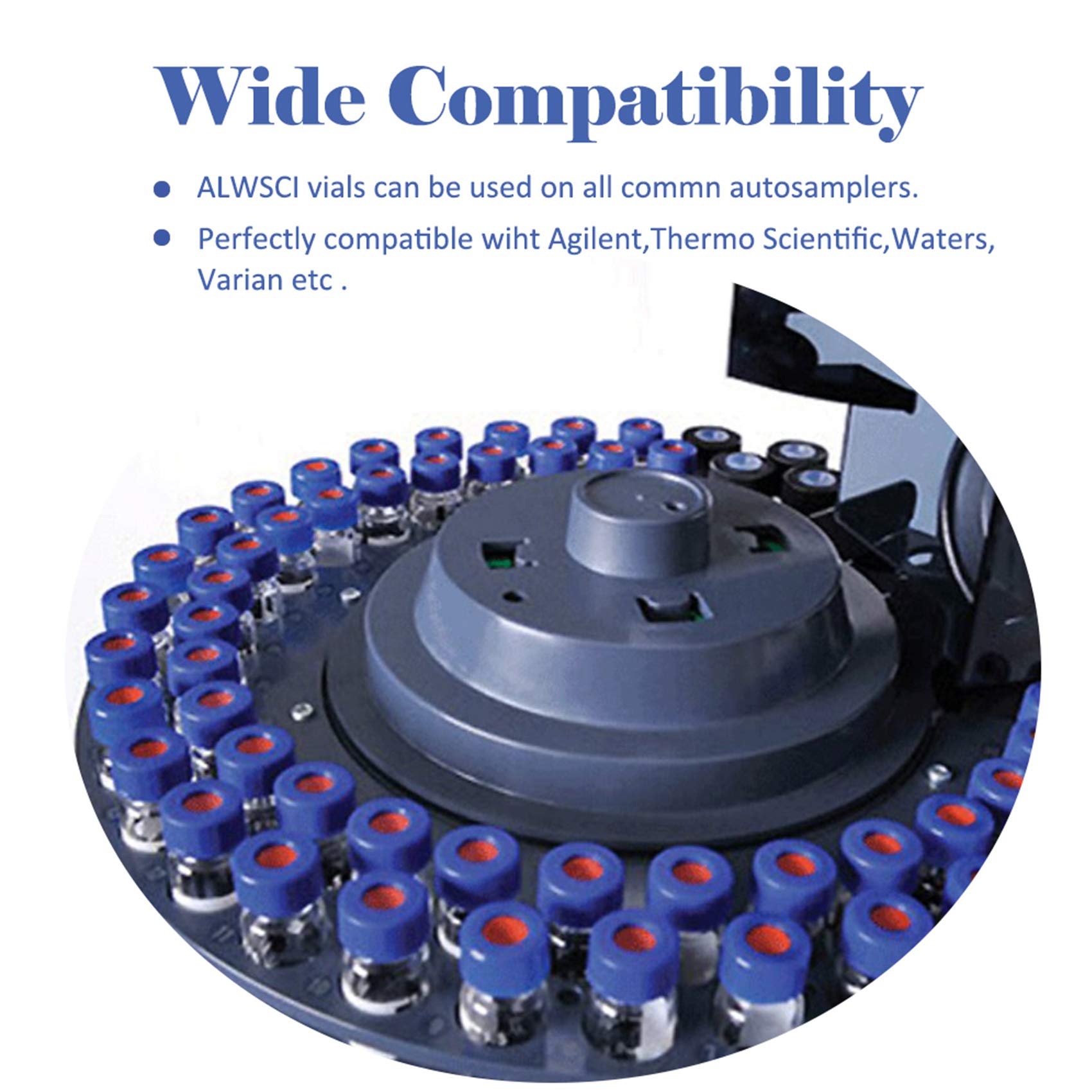 ALWSCI 2 ml Clear Autosampler Vial, HPLC Vial with Writing Area, 9-425 Screw Cap, 9 mm Blue PTFE & White Silicone Liner, 100pcs/pk