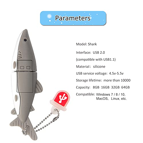 USB Flash Drive 64GB Cute Grey Shark Shaped USB Drive Thumb Drives USB 2.0 Memory Stick for External Data Storage