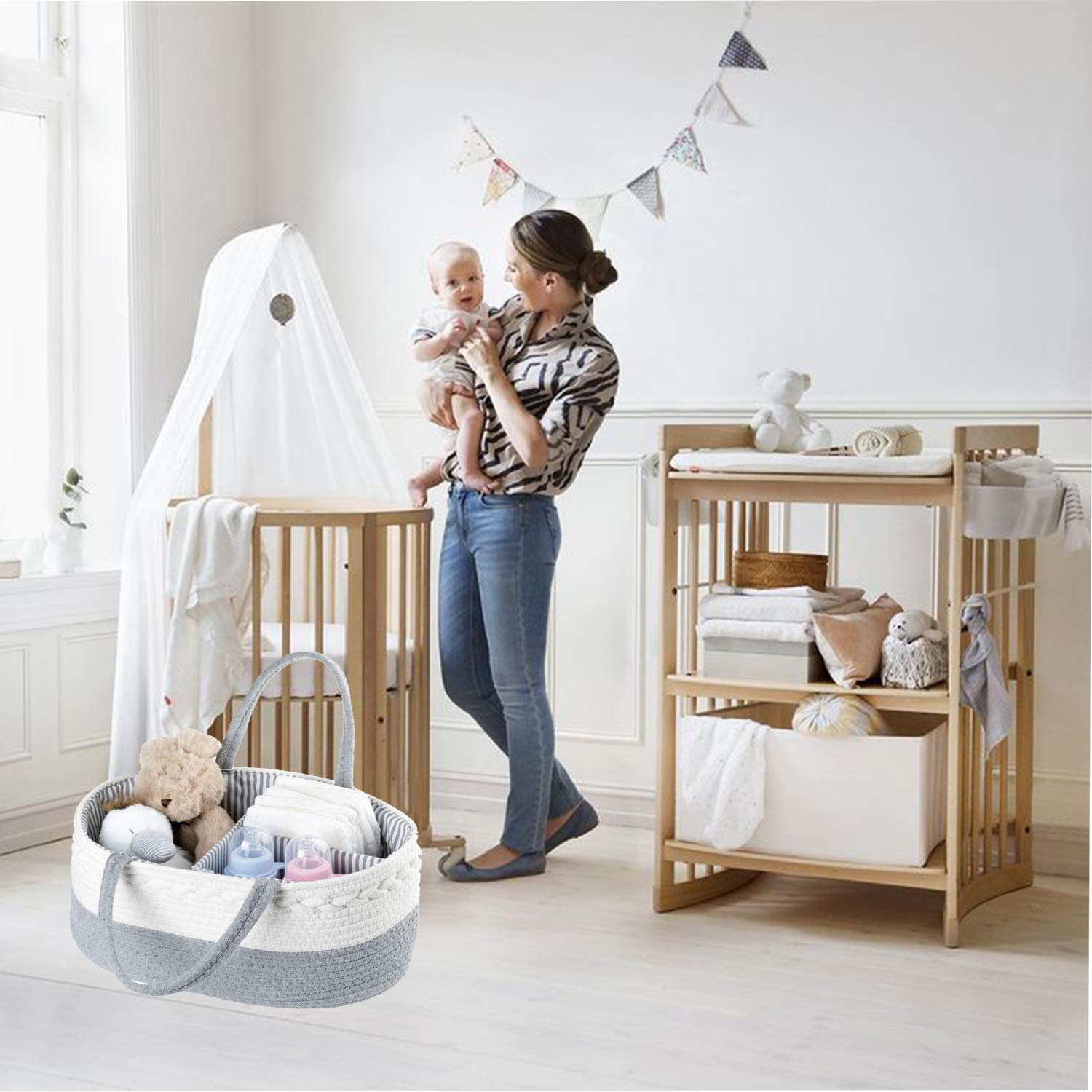 Luxury Care Baby Diaper Caddy Organizer,Rope Nursery Storage Bin for Boys and Girls,Cotton Rope Shower Gift Basket,With Canvas Bag