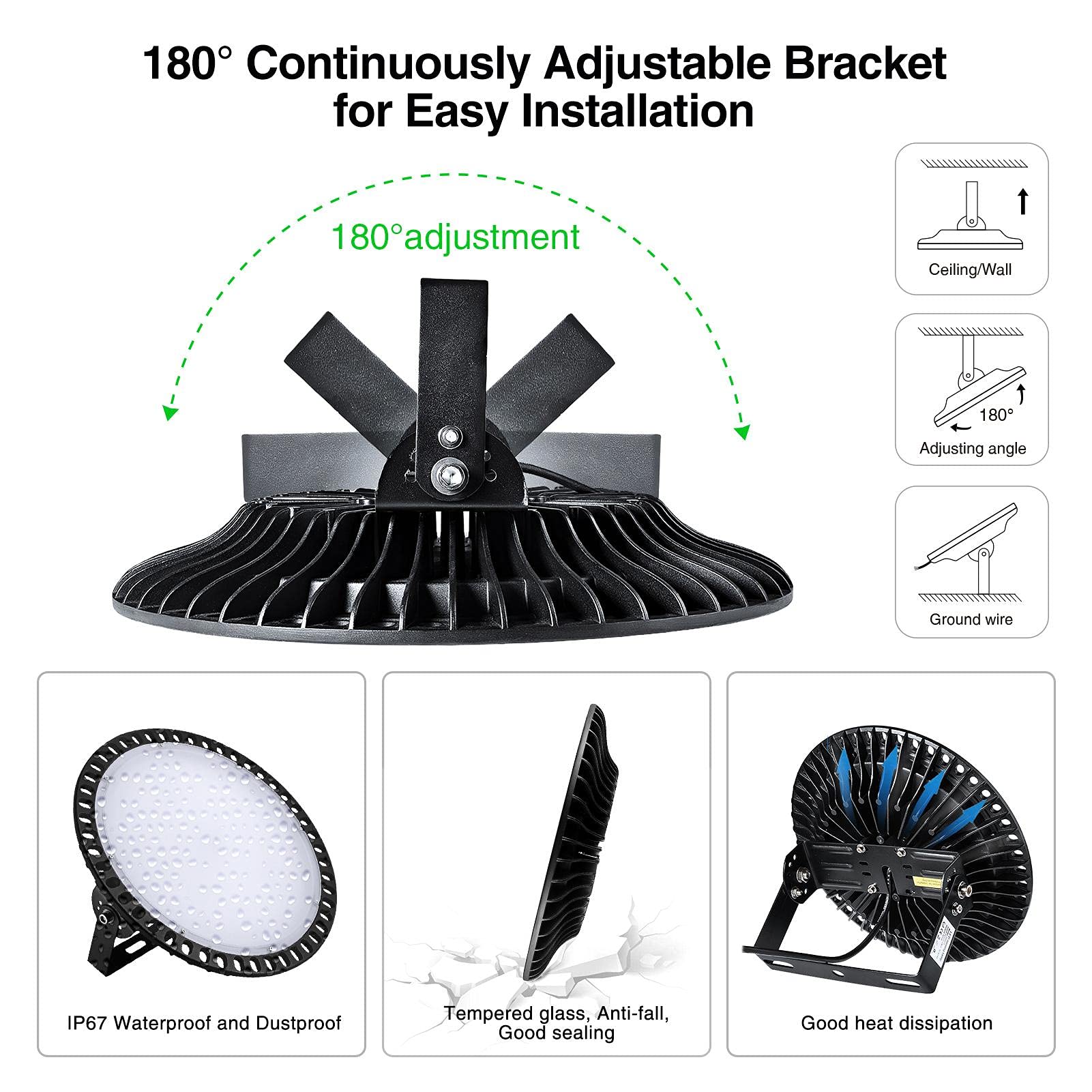 WUWAI 100W 200W 300W UFO LED High Bay Lights, 6500K Daylight White Ultra Thin Highbay Light Fixtures, IP65 Waterproof Bay Lighting for Garage Factory Warehouse Gym