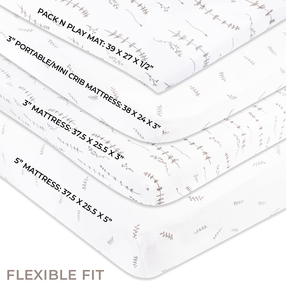 Pack and Play Sheets - 2 Pack Fitted with 100% Jersey Cotton - Pack N Play Mattress Sheets for Boys and Girls, Newborn Essentials (Neutral Forest Grey Floral and Leaves)