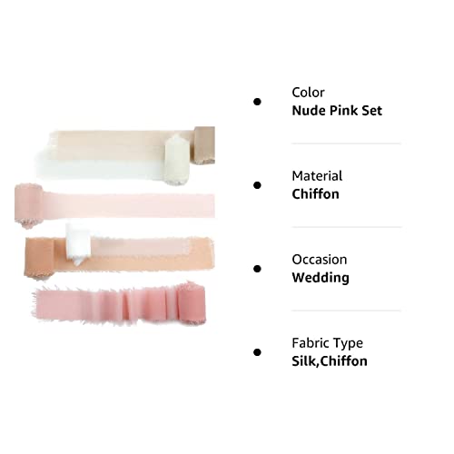 6 Rolls Handmade Fringe Chiffon Silk Ribbon 1.5" x 3 Yd Colorful Ribbon for Wedding Invitations, Bridal Bouquets, Gifts Wrapping, DIY Crafts(Nude Pink Set)