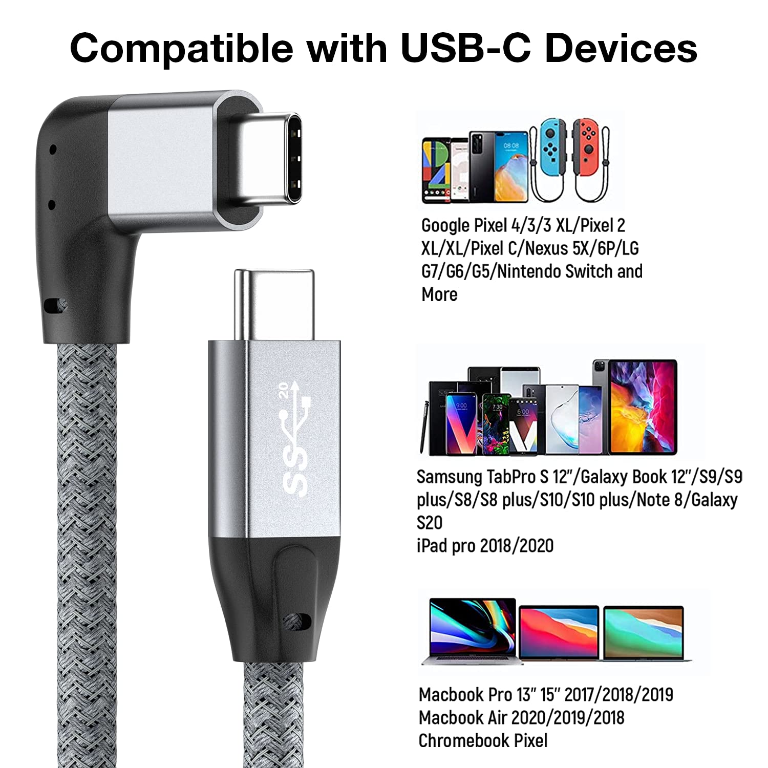 90 Degree USB C to USB C Cable, USB C 3.2 Cable 20Gbps Data Transfer, 4K@60Hz 8K@30Hz Video Right Angle 100W PD Fast Charging Cable with E-Marker for Thunderbolt 3/4, MacBook Pro, iPad Pro, Galaxy S20