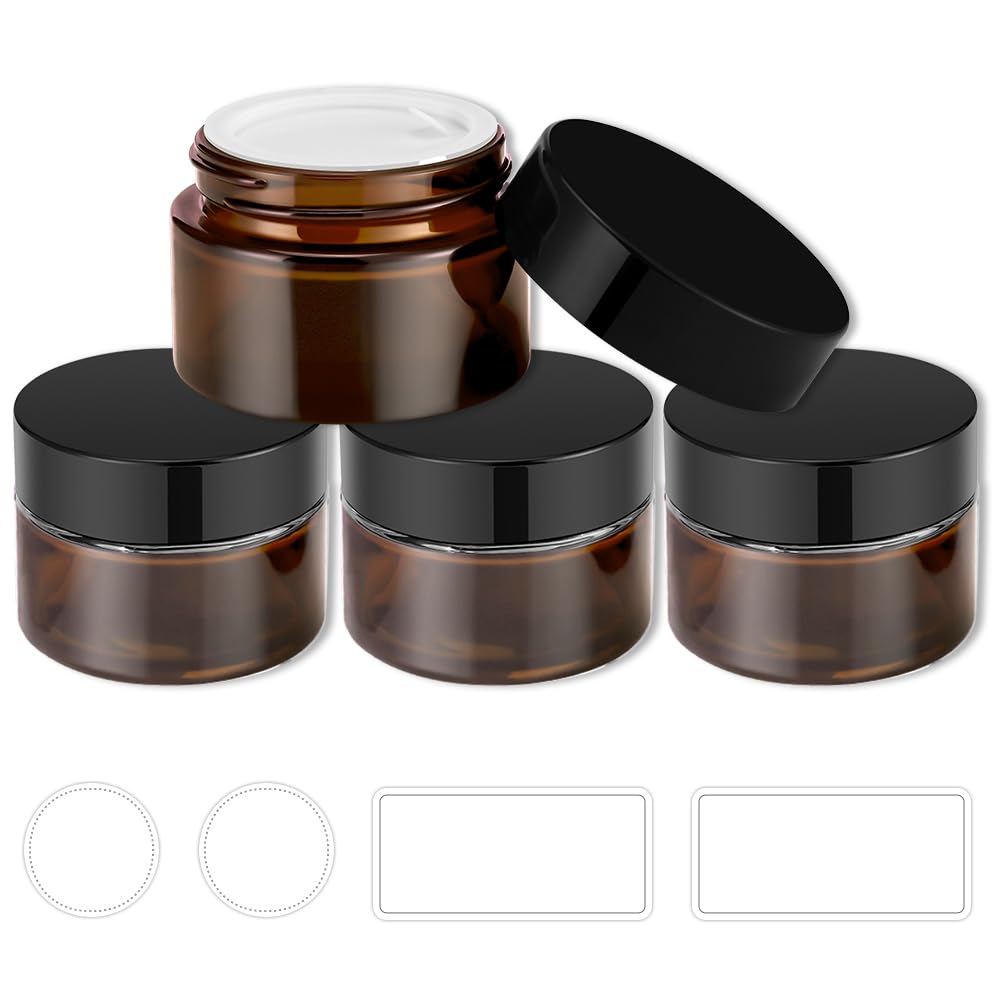 1 oz Glass Jars with Lids, Bumobum 4 pack Small Jars Amber with White Labels & Inner Liners, 30 ml Empty Round Cosmetic Containers for Sample, Powder, Cream, Lotion, Spice