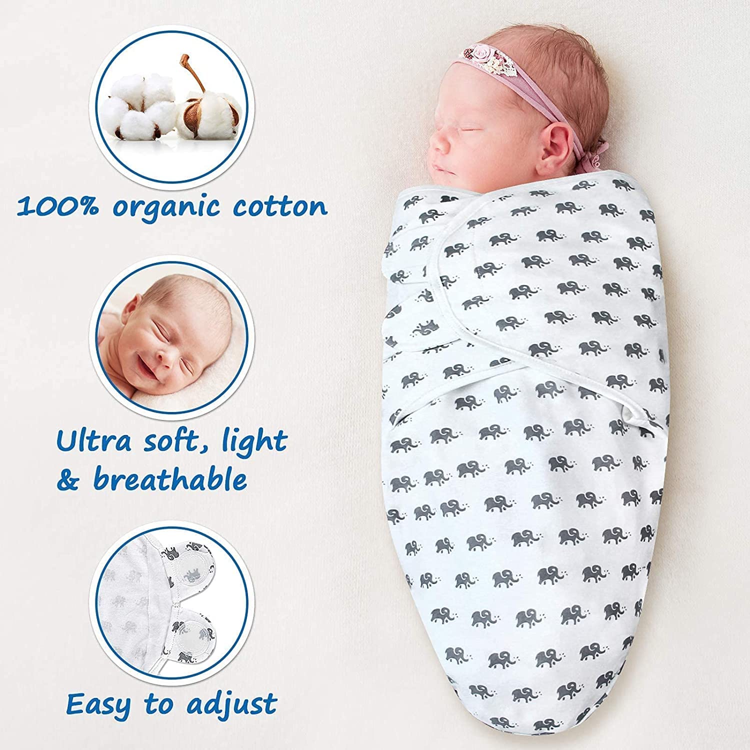 Coldwind Baby Swaddles 0-3 Months, 2 Pack 100% Organic Cotton Adjustable Swaddle Sack for Boy or Girl, Baby Swaddle Wrap for Newborn Baby, Star and Elephant
