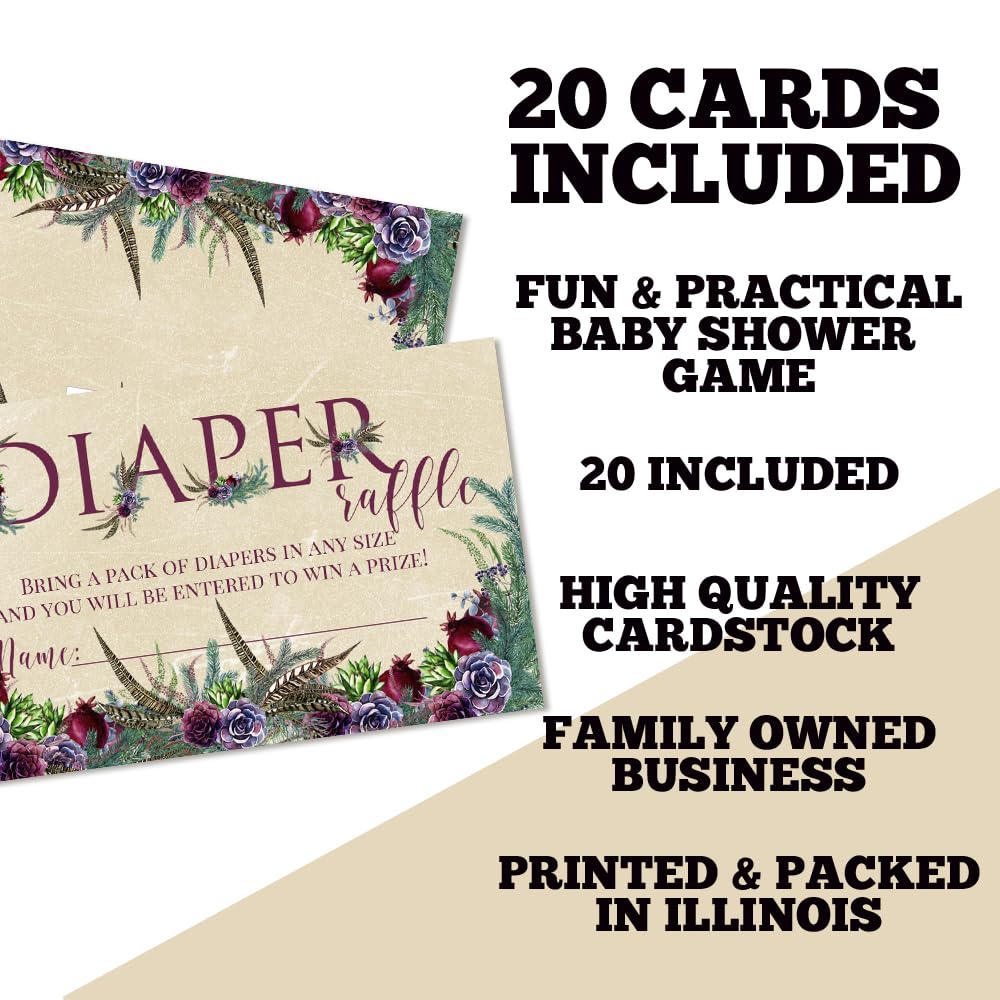 Amanda Creation Rustic Boho Watercolor Succulents, Pine, and Feathers Diaper Raffle Tickets for Baby Showers, 20 2" X 3” Double Sided Inserts, Bring a Pack of Diapers to Win Favors &