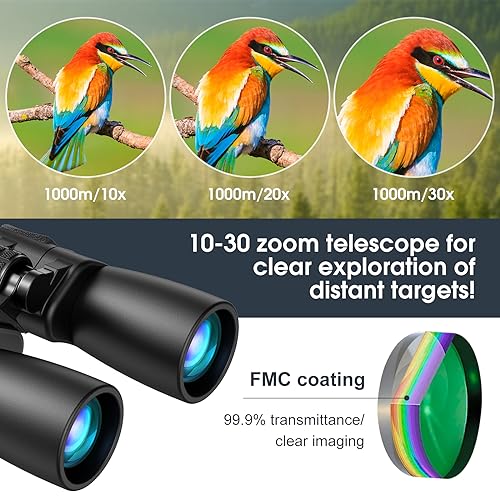 10-30x50 Zoom Binoculars for Adults, High Powered Military Binoculars for Bird Watching Traveling Hunting Concerts with Large View,BAK4,FMC Lens,Clear Low Light Vision at Night