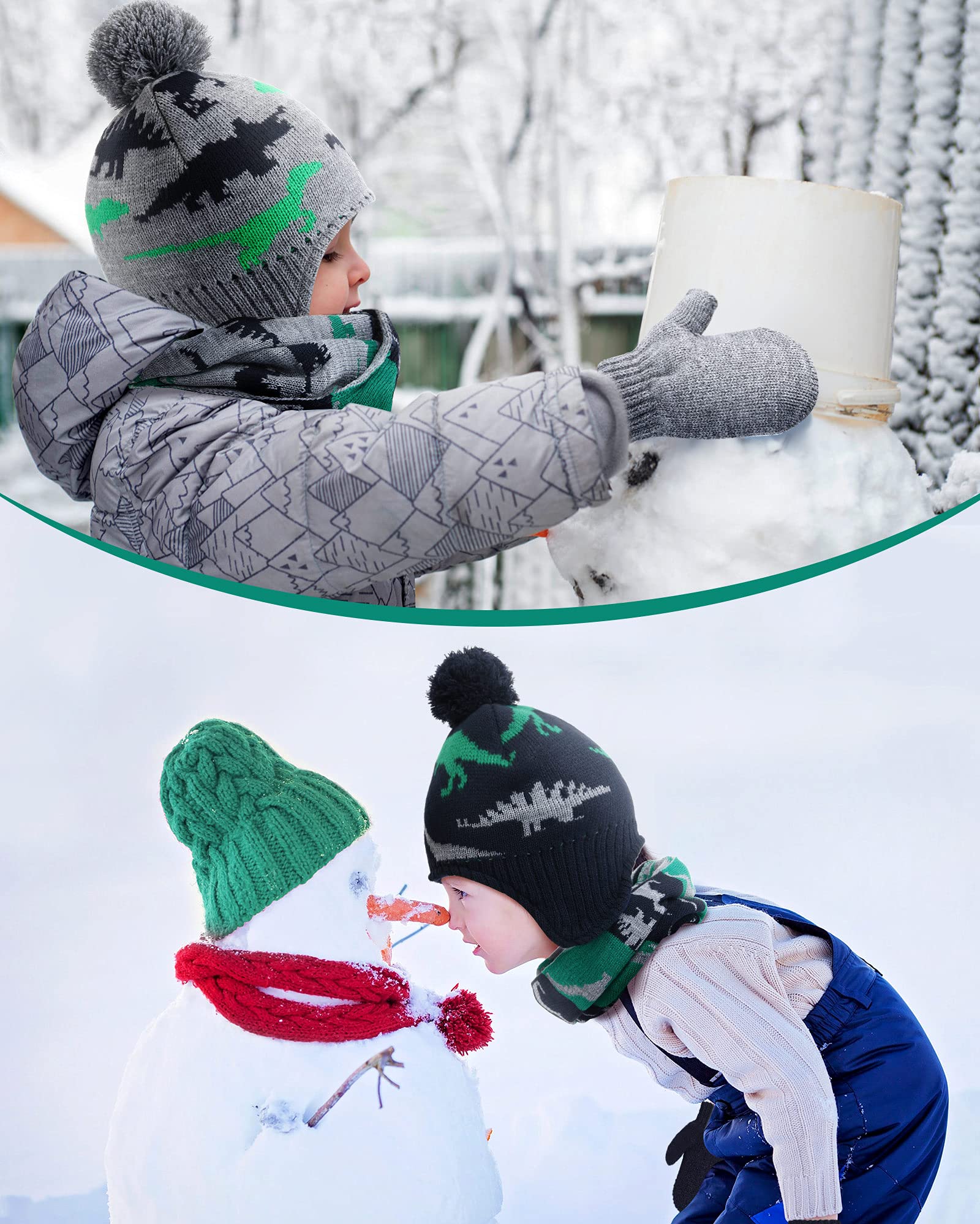 SATINIOR 6 Pieces Winter Boys Hat Dinosaur Warm Mittens Set Pompom Baby Knitted Hat Scarf Gloves Earflap Beanie (Stylish Color)