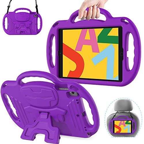 AVAWO Kids Case for iPad 10.2 9th & 8th & 7th Generation, iPad 10.2 2021/2020/2019 Case - with Shoulder Strap - Light Weight Shock Proof Handle Stand Kids Friendly Case for All iPad 10.2 inch, Purple