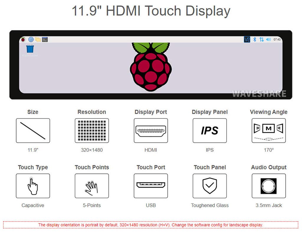 Coolwell 11.9inch Capacitive Touch Screen LCD for Raspberry Pi Series/Jetson Nano/PC, 320×1480, HDMI, IPS Display Panel, Toughened Glass Cover