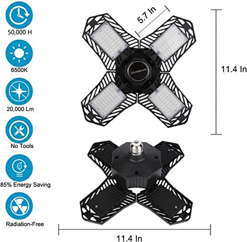 KAQ Led Garage Light 200W 20000LM Deformable, 6500K Garage Ceiling Lights with 4 Panels for E26 E27 Lampholder, Super Bright Garage Lighting Shop Work Lights, Metal Aluminum Alloy Shell Easy to Heat