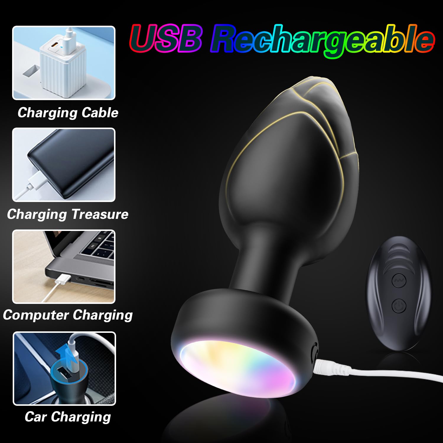 10 Modes Vibrating Butt Plug - LED Colorful Light up Remote Control Anal Plug for Prostate Massage, Adult Sex Toys Black