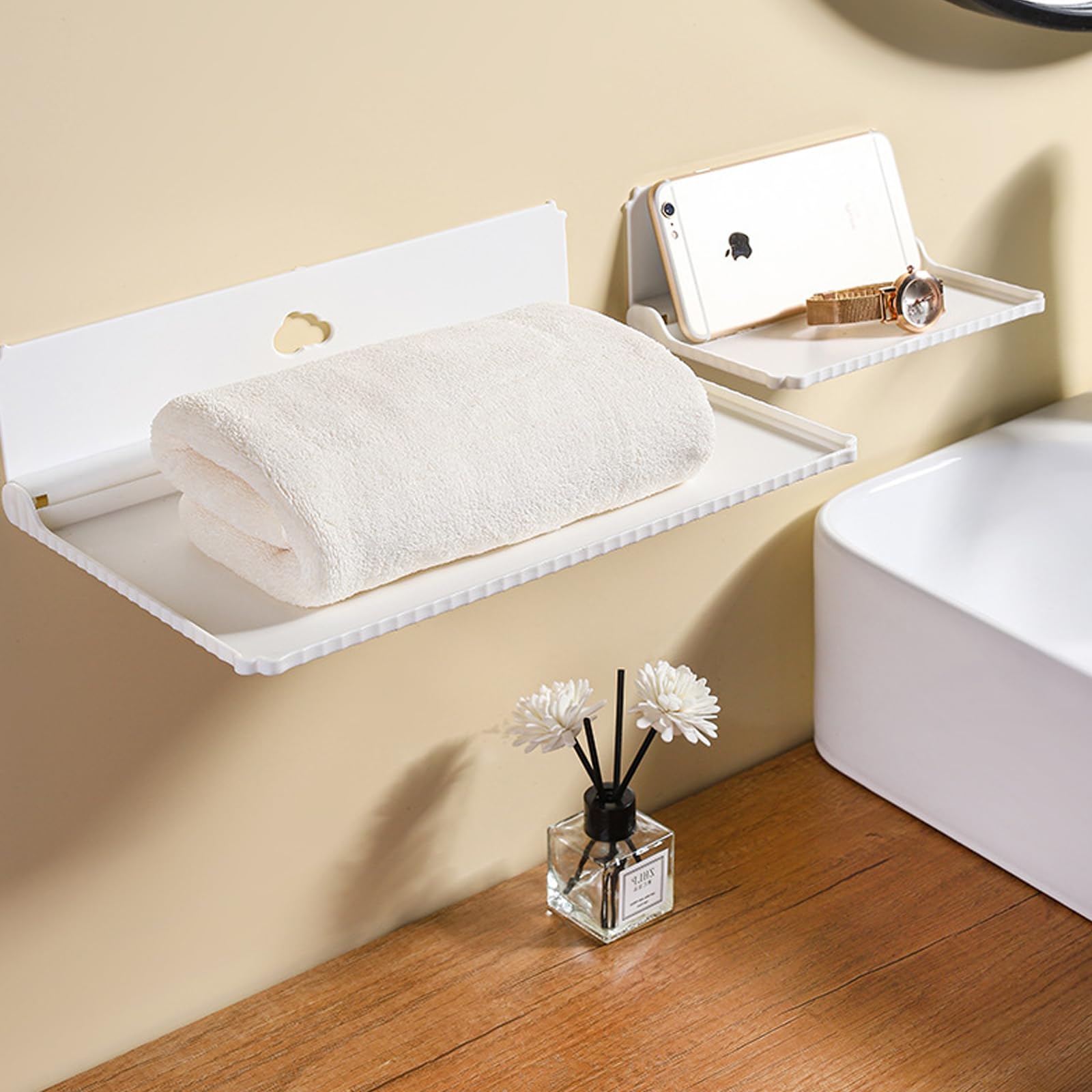 1PCS Decorative Trays Foldable Plastic Floating Shelf Stick on Wall for Kitchen Bathroom Any Place Extra Storage Needed Wall Mounted Bedside