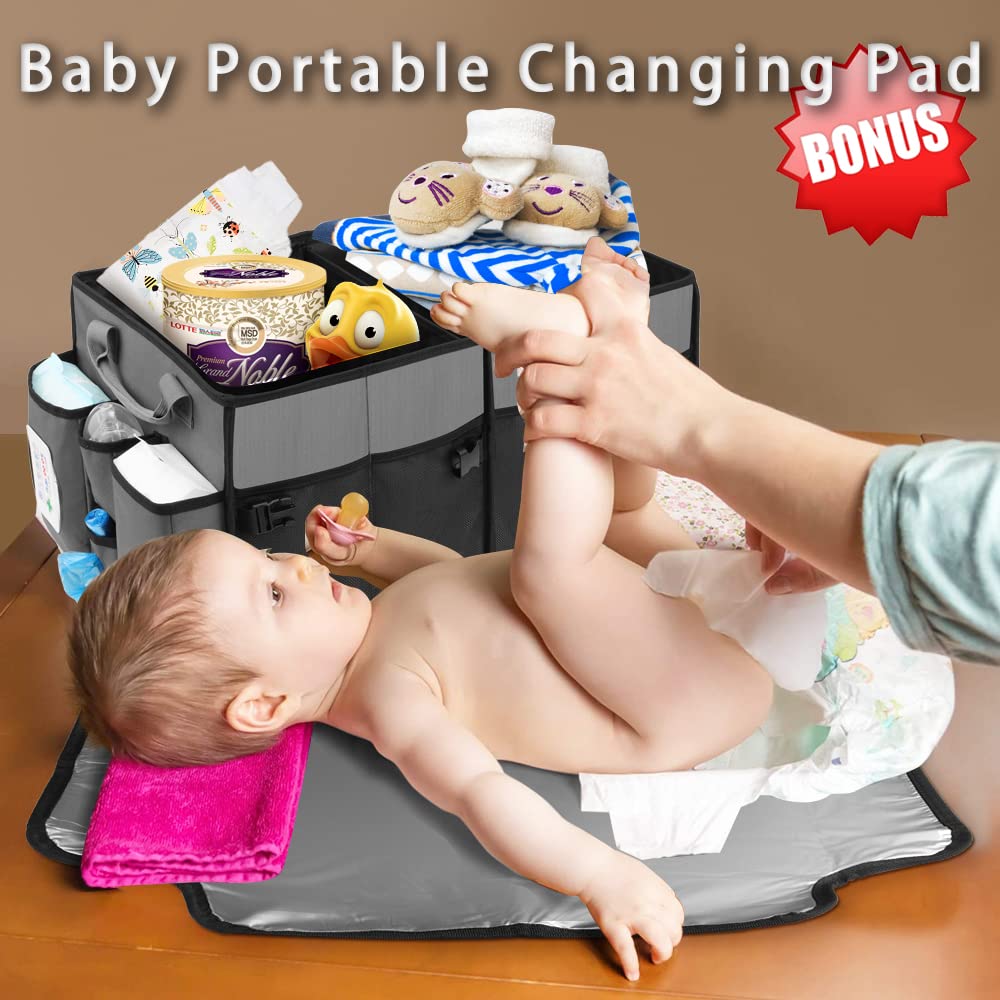 Collapsible Trunk Organizer & Diaper Changing Station, Baby Diaper Caddy Organizer with Movable Dividers, Easy-to-Reach for Back Seat Travel Car Organizer, Waterproof Car Trunk Organizer Groceries