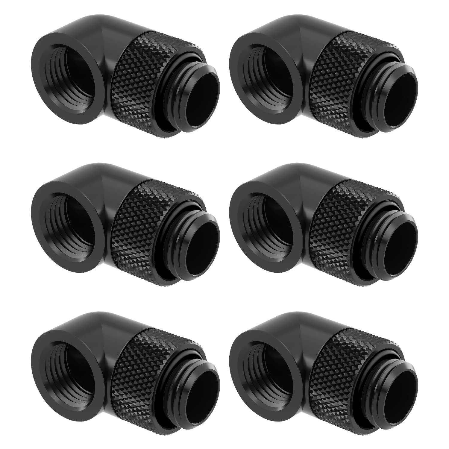 Dracaena 6 pack G1/4" thread Male to Female Extender Fitting, 90° Rotary Fitting Adapter Connector for Computer Water Cooling System, Black