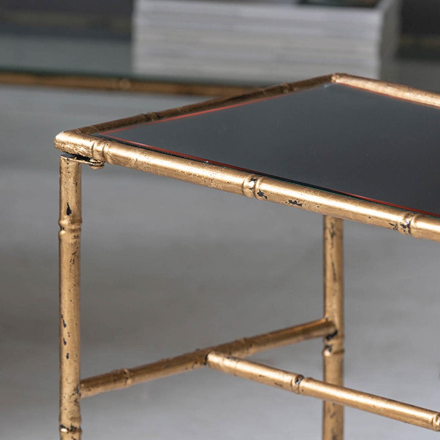A and B Home 36" L Rectangle Indoor Elegant Coffee Table, w/Glass Top, Antique Gold Metal Frame, Padded Feet