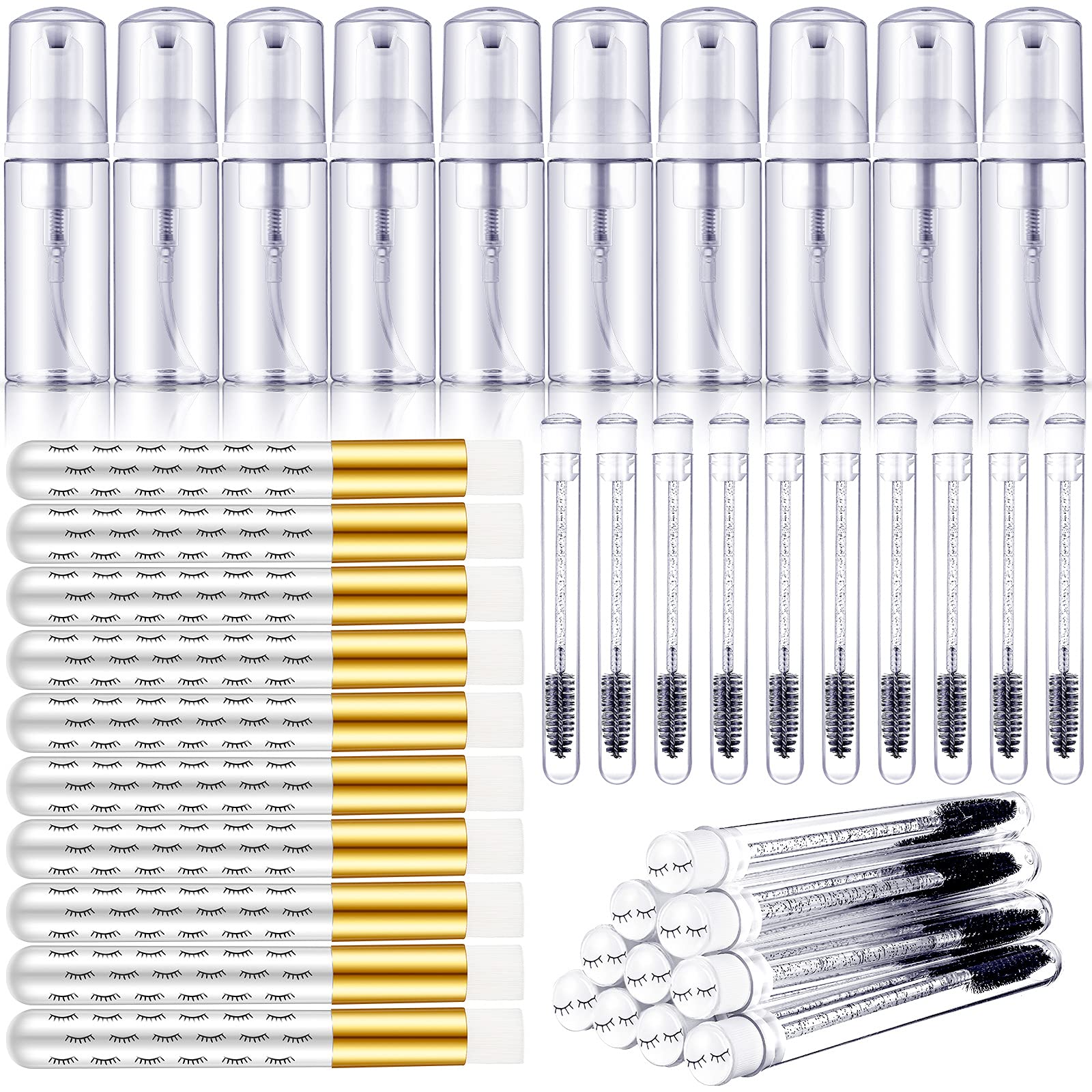 Geiserailie 30 Pcs Lash Shampoo Brushes Soap Bottle Set, 10 Eyelash Extensions Mascara Brushes 10 Peel off Blackhead Nose Cleaning Brush 10 Plastic Foam Reusable Bottle for Women(Simple,White)