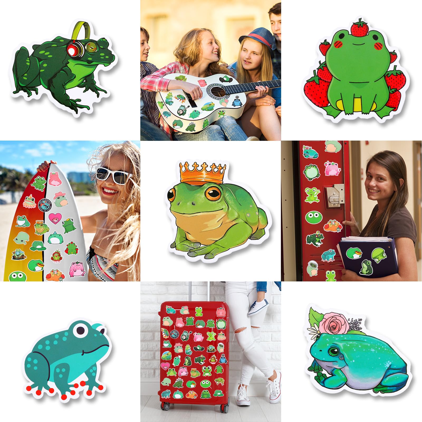 100 Pieces Frog Stickers Frog Decals Cute Frog Laptop Vinyl Stickers Cartoon Frog Waterproof Decorative Stickers for Computer, Luggage, Guitar, Bottle, Refrigerator