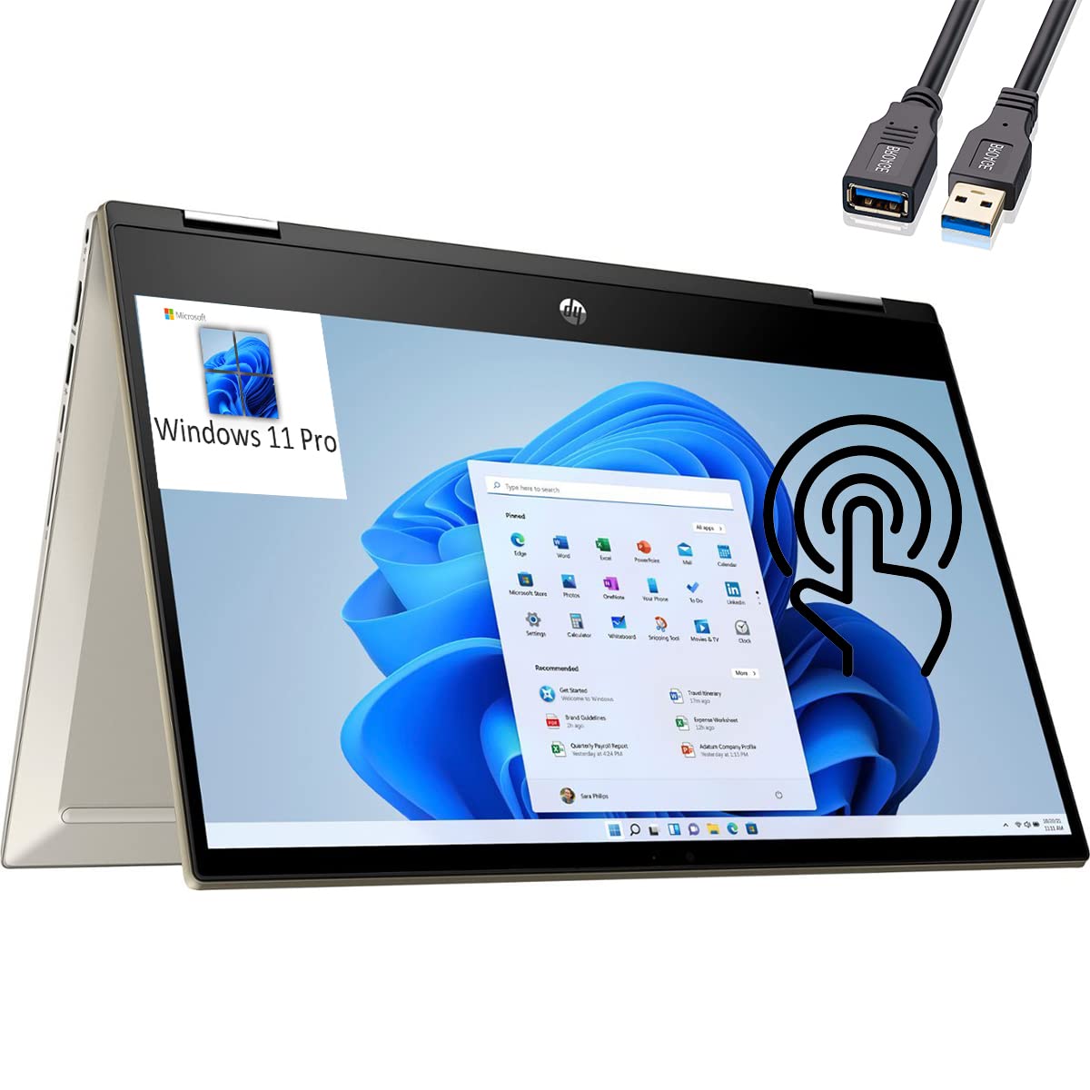 HP Pavilion x360 2-in-1 14" FHD Touchscreen Business Laptop, Intel Quad-Core i5-1135G7 (Beat i7-1065G7), 4GB DDR4 RAM, 512GB PCIe SSD, WiFi 6, Fingerprint Reader, Windows 11 Pro, BROAG Extension Cable