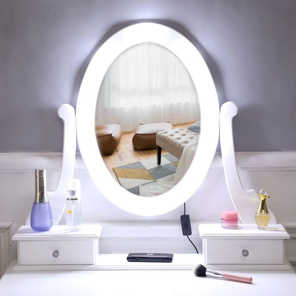 10 LED Lighted Mirror Vanity Table Set Makeup Dressing Desk 5 Drawers Wood, White