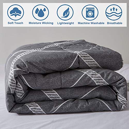 ATsense Comforter Set Queen, All Season 3-Piece 100% Cotton Fabric, Soft Microfiber Filled Bedding, Lightweight Reversible Duvet Insert (Grey&White, MY005)