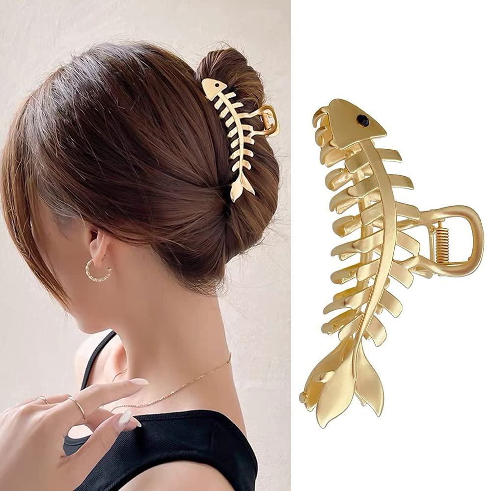 Gold Hair Jaw Claw Clips Fish Bone Shape 1PCS Large Metal Gold Fashion Nonslip Hairpin Catch Clip Accessories for Thick/Thin Hair HairStyling