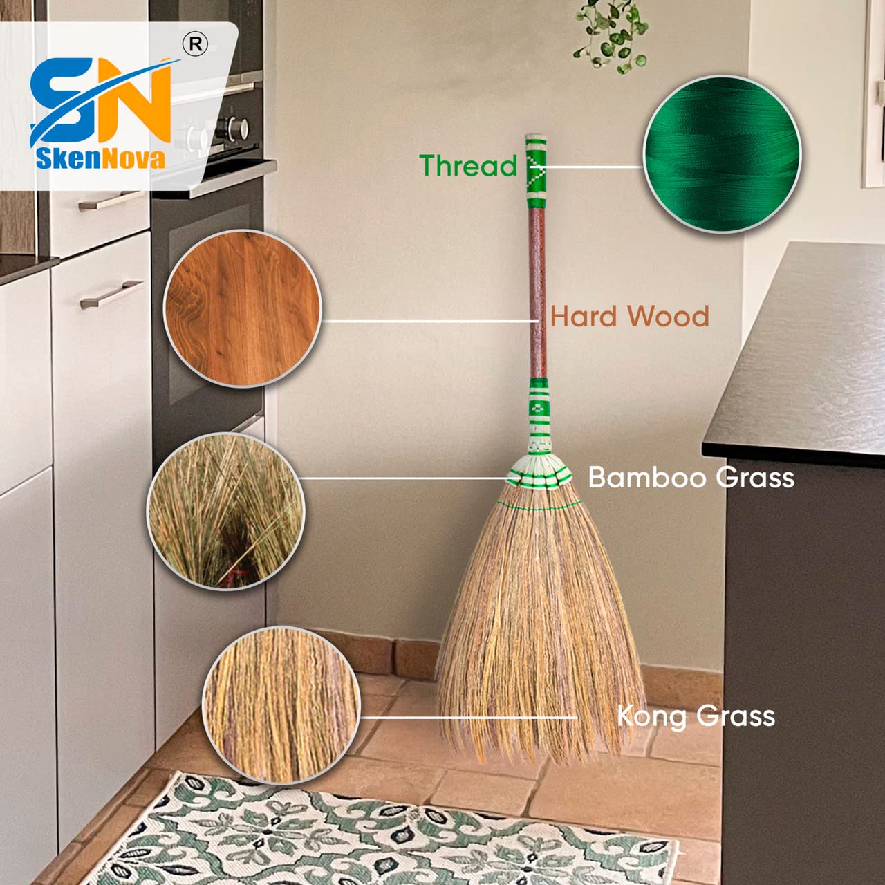 SN SKENNOVA - 28-29 inch Tall of Asian Straw Broom Thai Natural Grass Broom Whisk Broom Solid Wood Handle