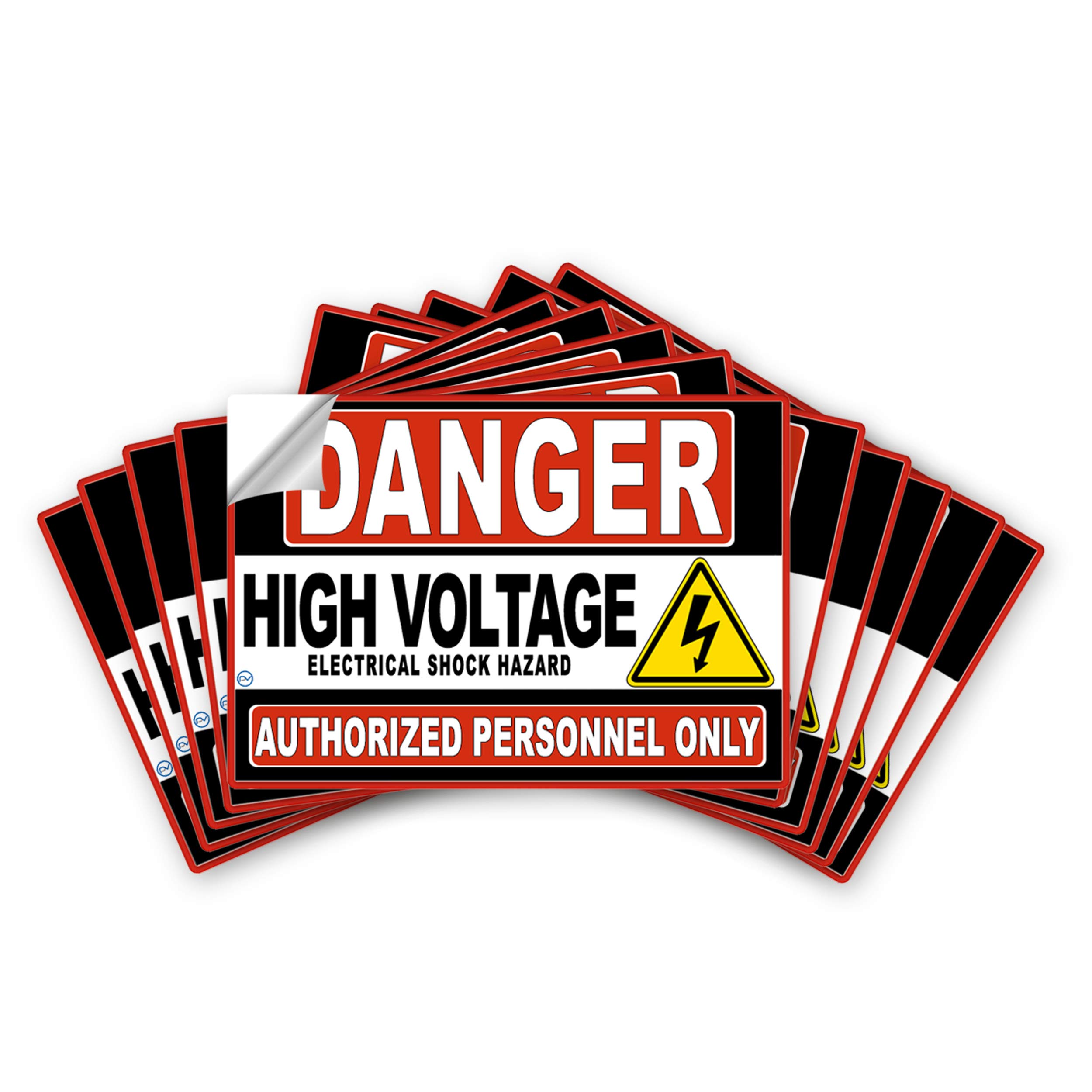 Danger High Voltage Sign - for Indoor or Outdoor Use - Electric Shock Hazard - Authorized Personnel Only â 10 Sticker Signs White & Red â Durable Stickers with Strong Adhesive - Construction Use - 10â x 7â