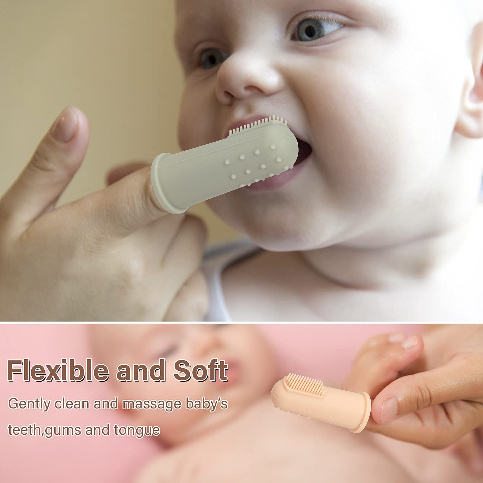 TOPGOMES Baby Finger Toothbrush with Case, Food Grade Silicone, BPA Free, 2-Pack (Sage+Ether)