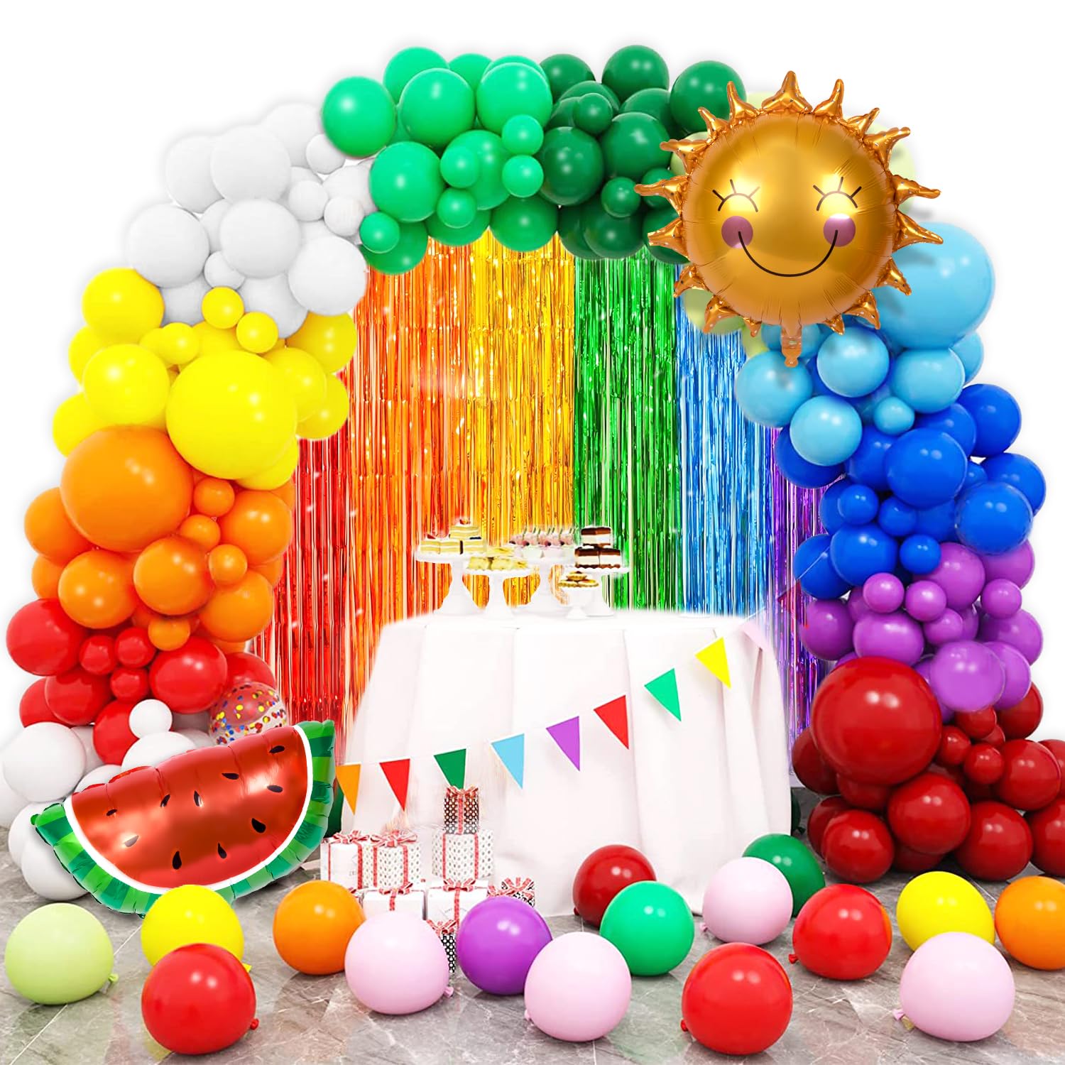 175 pcs Rainbow Balloon Arch and Foil Fringe Curtain Kit, 7 Assorted Colors Latex Balloons Garland for Kids Rainbow Birthday Baby Shower Party Wedding Engagement Decoration