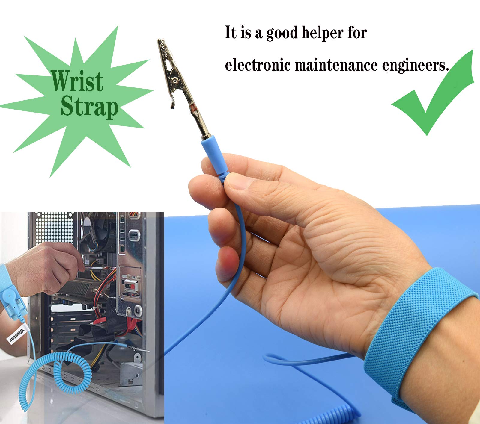 ESD High Temperature Mat Kit,ESD Mats,ESD Rubber Mat,ESD Kit,16" x 24" x 0.08",Blue, Anti-Static Mat with ESD Wrist Strap and ESD Grounding Cord for Sensitive Electronics Working - ESD Mat Kit