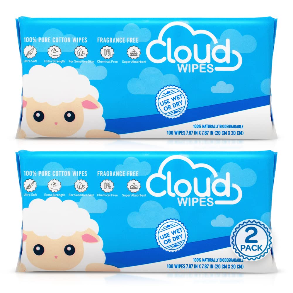 Cloud Wipes Pure Dry Cotton Baby Wipes Soft Durable Unscented Cloth Tissue for Sensitive Skin (2-Pack 200 Count)