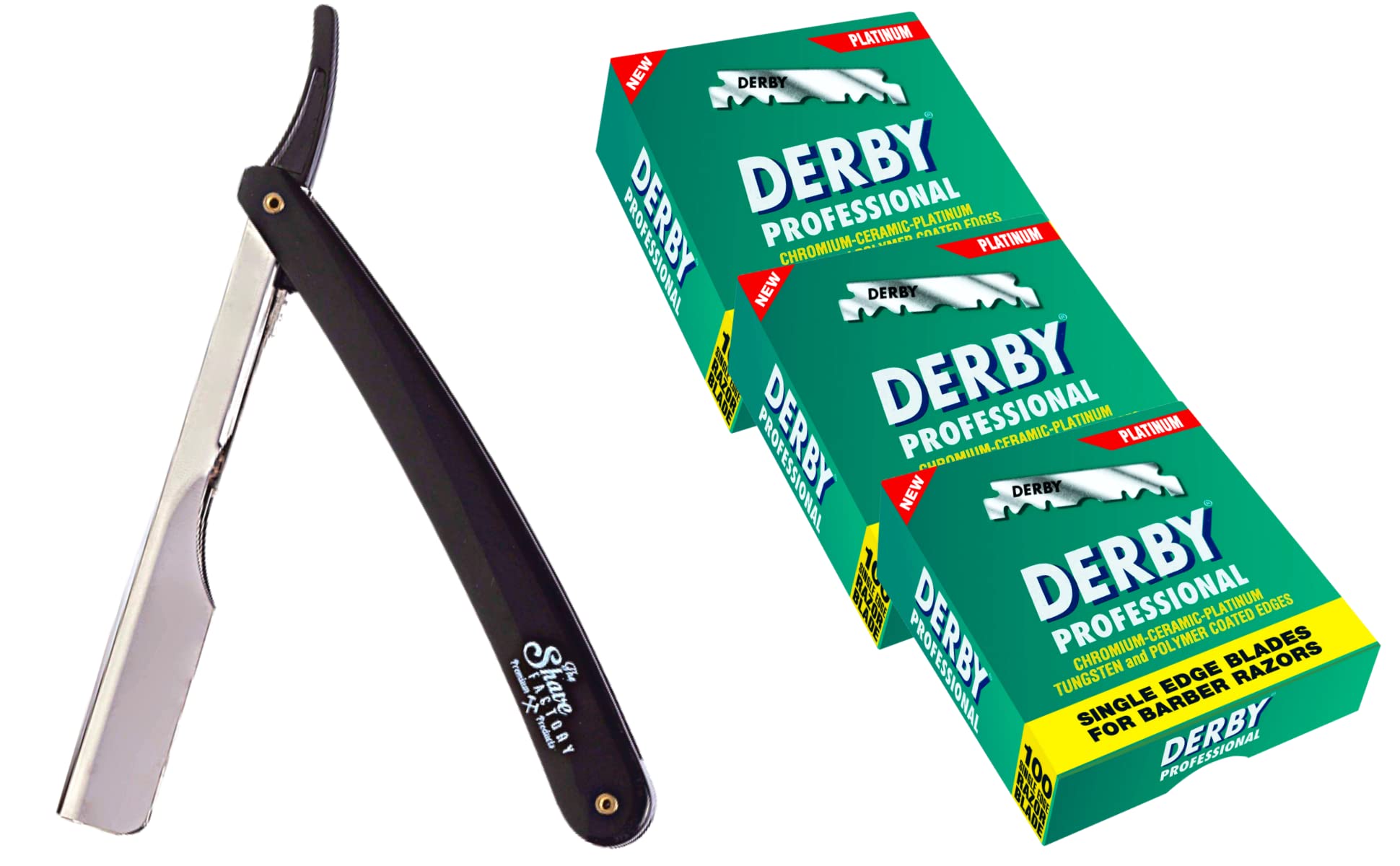 300 Derby Professional Single Edge Razor Blades comes with free Shaving Factory Straight Razor