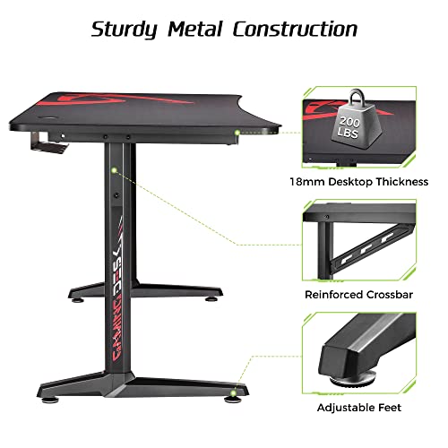 Eureka Ergonomic 60'' Gaming Desk, T-Shaped Carbon Fiber Surface Computer Desk with Free Mouse Pad,Large PC Gamer Desk Gaming Table with USB Handle Rack Cup Holder Headphone Hook,Black